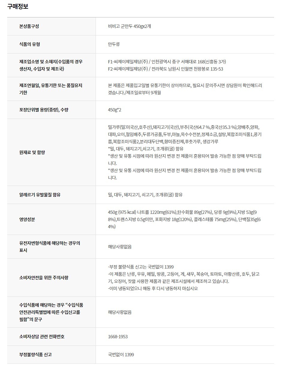 [CJ제일제당] 비비고 군만두 (450g x 2묶음) x 2개 (총4개)